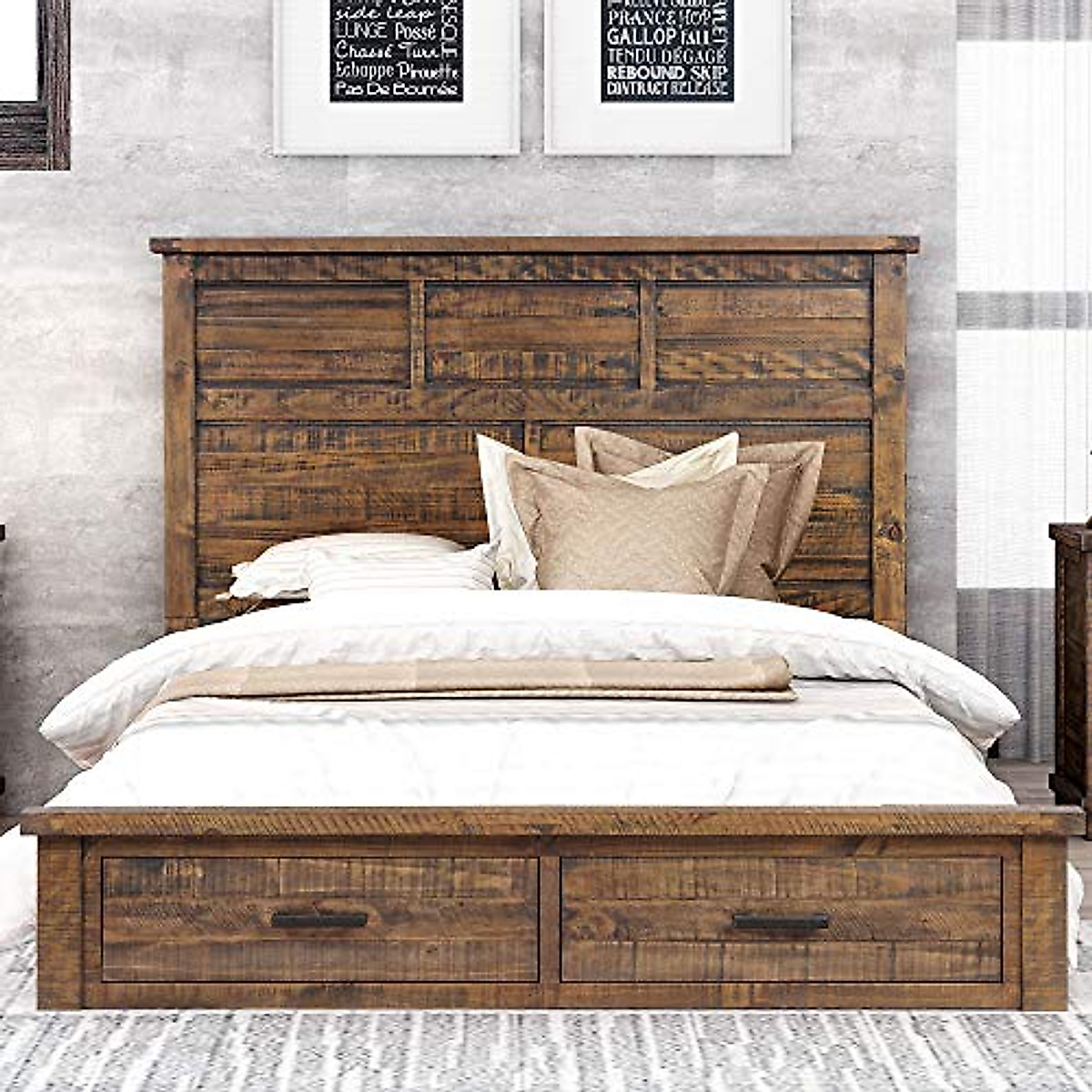HBRR Queen Bed Frame with 2 Storage Drawers & Headboard, Platform Bed Queen Size, Mattress Foundation with Wood Slats Support, No Box Spring Needed Noise-Free, Natural