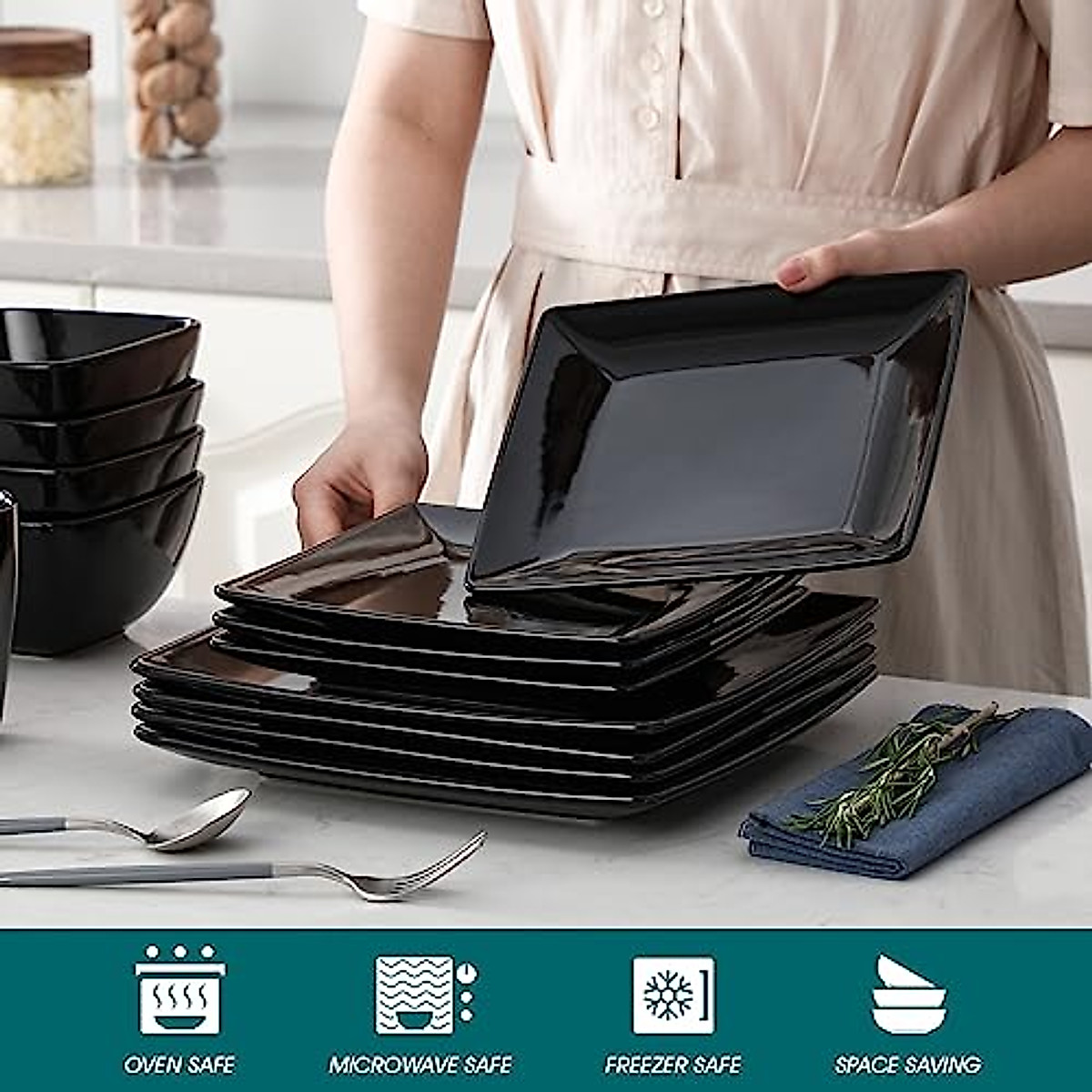 vancasso, Series SOHO, Stoneware Square Dinner Set Black 16 Piece Kitchen Dinnerware Service Plate Crockery Set with 16-Piece Dinner Plates, Dessert Plate,Bowls and Mugs, Service for 4