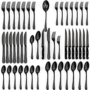 Tribal Cooking 49 Piece Silverware Set - Service for 8 - Stainless Steel Flatware serving set - Cutlery Set - Knives, Fork, and Spoon - Dishwasher Safe - Stunning Polished Finish - Black