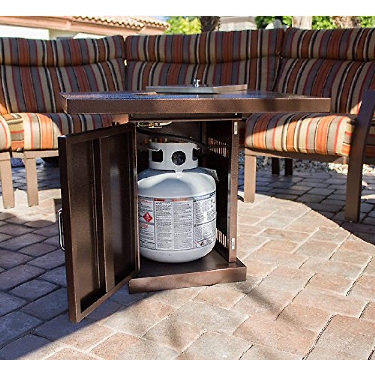 Hiland GSF-PR-PC Propane Fire Pit, 42,000 BTU, Stainless Steel Lid w/Fire Glass, Square, Hammered Bronze