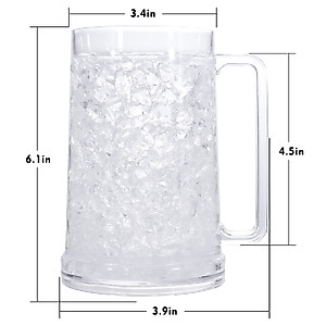 Patiomos Drinking Glasses Cups, Double Wall Gel Freezer Beer Mugs, Freezer Ice Mugs Cups, 16oz, Plastic Cooling Beer Mug Clear Set of 3 (Clear)