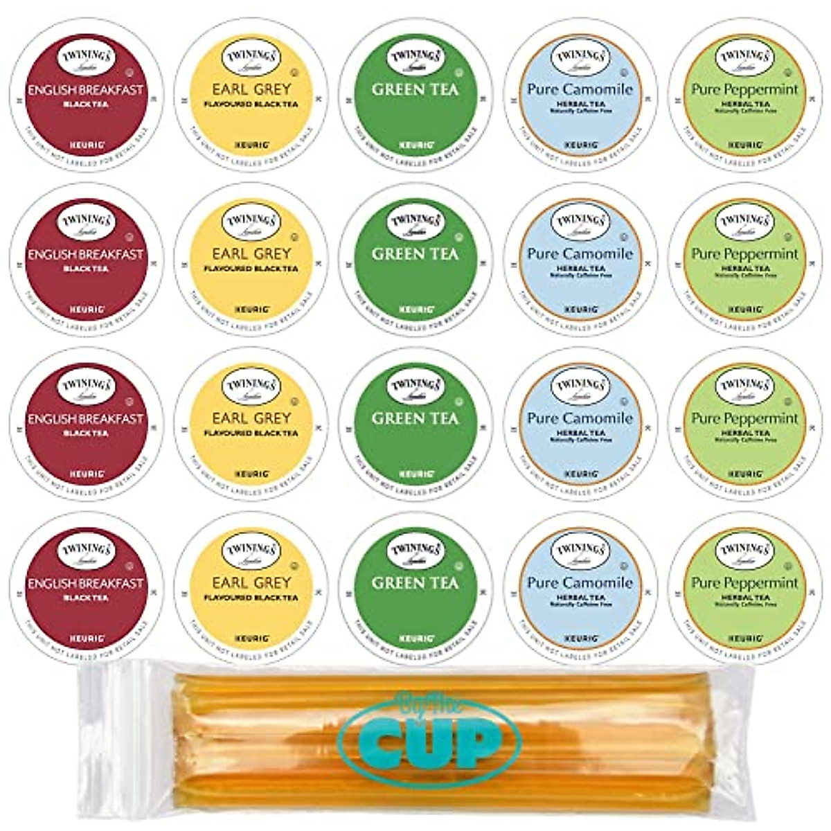 Twinings Tea Sampler (20 Count) Keurig K Cups Assortment with 10 By The Cup Honey Sticks