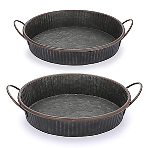 Hipiwe Galvanized Metal Iron Tray with Handles Farmhouse Rustic Decorative Tray Industrial Style Serving Tray Round Galvanized Tray for Coffee Table, Home Decor (Set of 2)