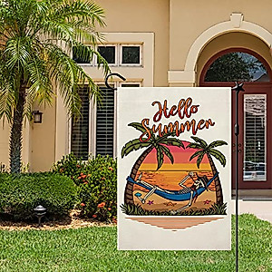 CMEGKE Hello Summer Garden Flag Cool Skull Skeleton Summer Yard Flag Pool Signs Summer Garden Flag Beach Party Vertical Double Sided Burlap Party Holiday Yard Home Farmhouse Outside Decor 12.5 x 18 In