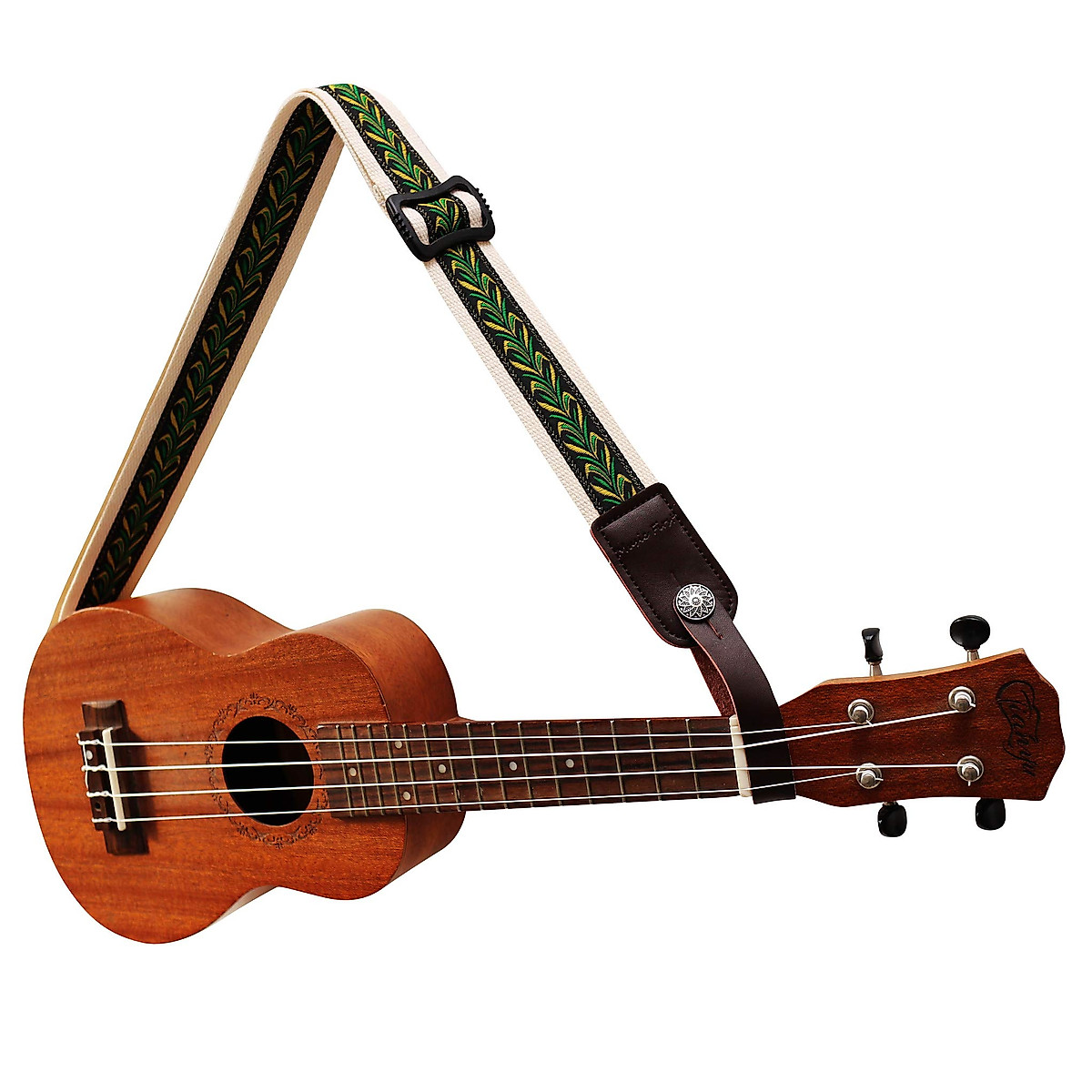 MUSIC FIRST Original Design Vintage Green Label Soft Meshbelt & Genuine Leather Ukulele Strap Ukulele Shoulder Strap With a Genuine Leather Strap Locker