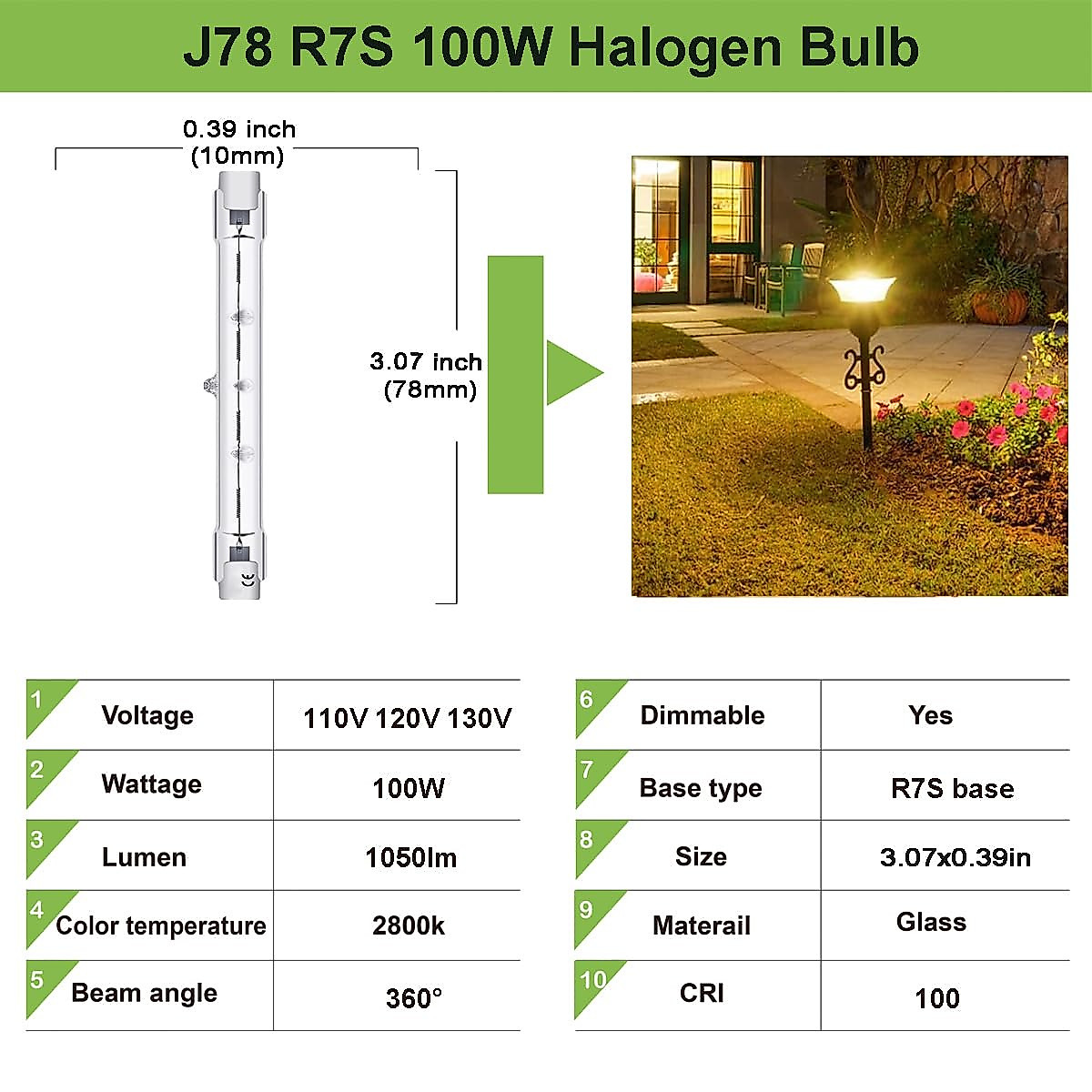 Rnyloas R7S 78MM T3 100W Bulb, 5 Pack Long Lasting R7S Halogen Bulb Dimmable, R7S 100W 120V Bulb with R7S Base 2800K Warm White, R7S Bulb 78MM T3 for Work, Security, Landscape Lights, Floor Lamps