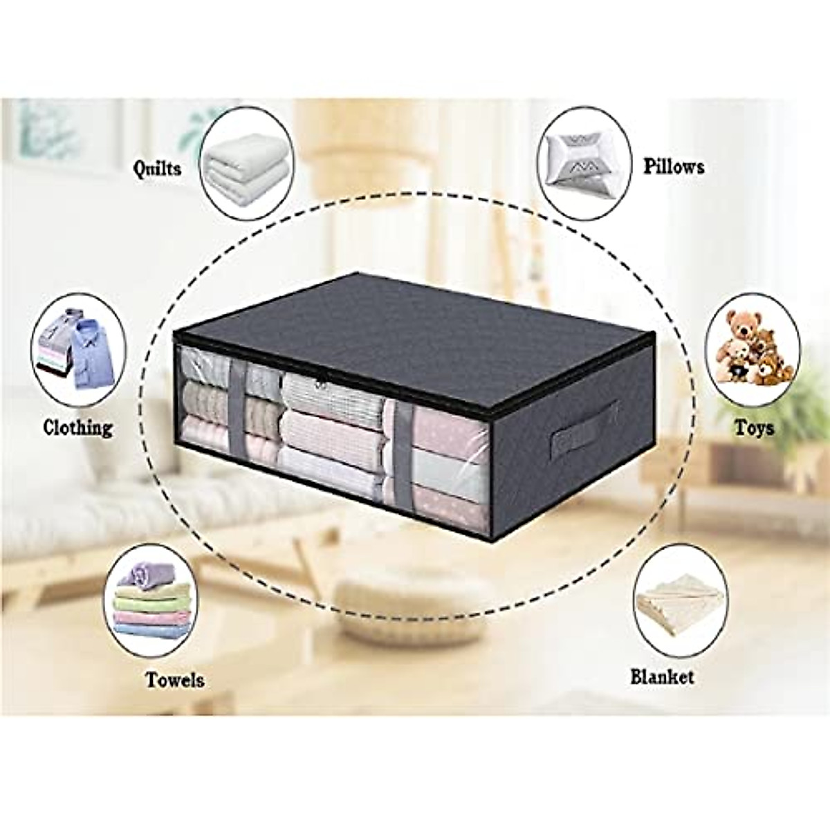 InfantLY Bright Foldable Underbed Bags, Storage Bags Organizer Container Thick Blankets Clothes Comforters Bag Breathable Zippered Bins for Bedroom with Clear Window+4 Handles