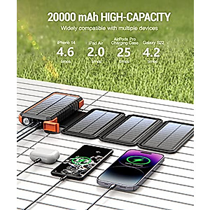BLAVOR Solar Charger Power Bank, PD 18W QC3.0 Fast Charging 20000mAh Solar Powered Powerbank with 4 Foldable Panels, Type C Input/Output, Camping Light SOS Flashlight, Compass Carabiner(Orange)