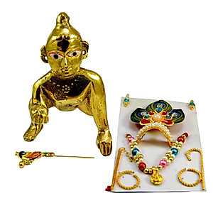Brass Krishna Laddu Gopal Kanha Makhan Chor Statue Idol Murti Sculpture Ji Idol size no. 3 with Set of Mukut, Mala, Bansuri, Kangan, Hair and ear rings, 1 Dress Velvet(3 No.)