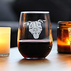 Happy Pitbull - Stemless Wine Glass - Cute Pitbull Themed Dog Gifts and Party Decor for Women and Men - Large Glasses