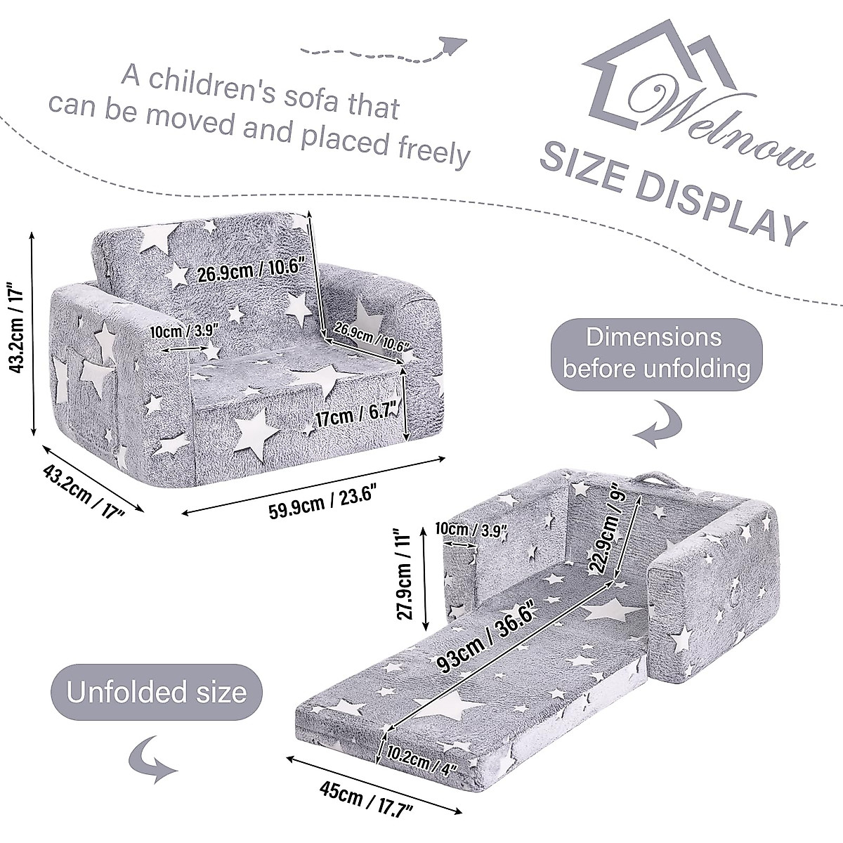 Welnow 2-in-1 Kids Sofa Chair, Glow in The Dark Convertible Toddler Chair Flip Out Children Sofa Chair Folding Kids Play Sofa with Side Pockets & Removable Cover Armrest Chair for Girl or Boy