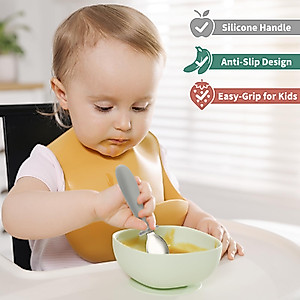 DRKIO 8 Pieces Toddler Utensils Set - Kids Silverware Set with Silicone Handle Children Safe 18/8 Stainless Steel Forks and Spoons Anti-Choke Design Food Grade Dishwasher Safe