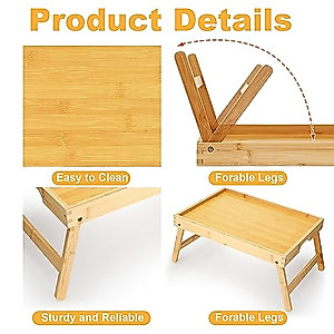 Tatuo 3 Pcs Bed Table Tray with Folding Legs and Handles Wooden Breakfast Tray Lap Snack Serving Tray Wood Laptop Desk for Eating Drawing Working Studying Dinner Bedroom Sofa Couch Kids (Bamboo)