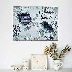 GRYTAPA Sea Turtle Bathroom Decor Sea Turtle Wall Art Ocean Theme Canvas I Choose You Poster Flowers Background Picture Couple Canvas Painting For Living Room Bedroom Framed Home Decoration 16"x12"