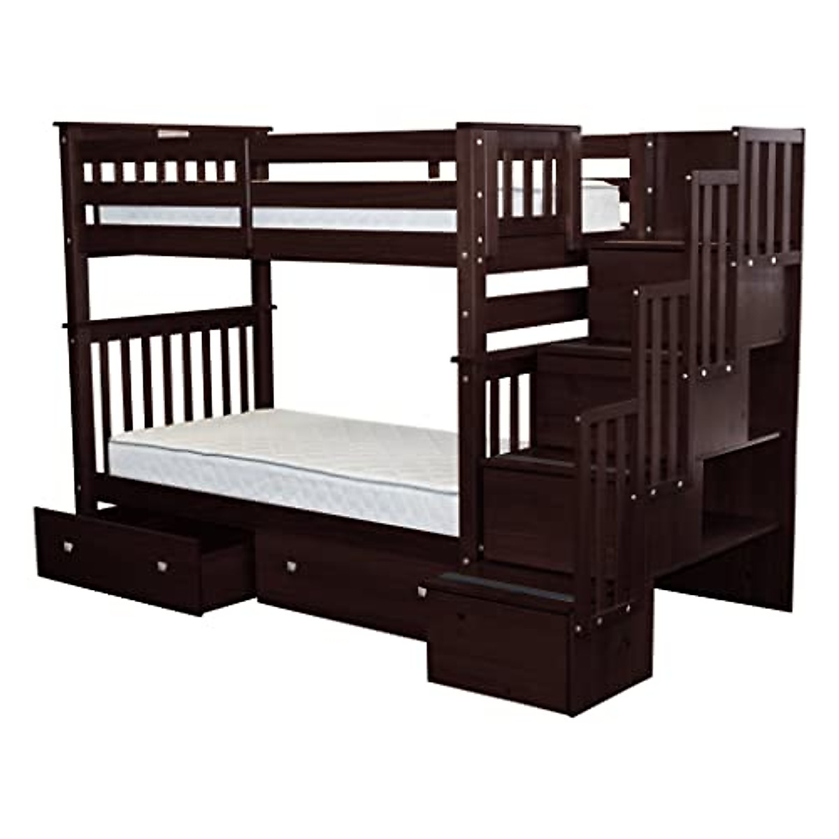 Bedz King Tall Stairway Bunk Beds Twin over Twin with 4 Drawers in the Steps and 2 Under Bed Drawers, Dark Cherry
