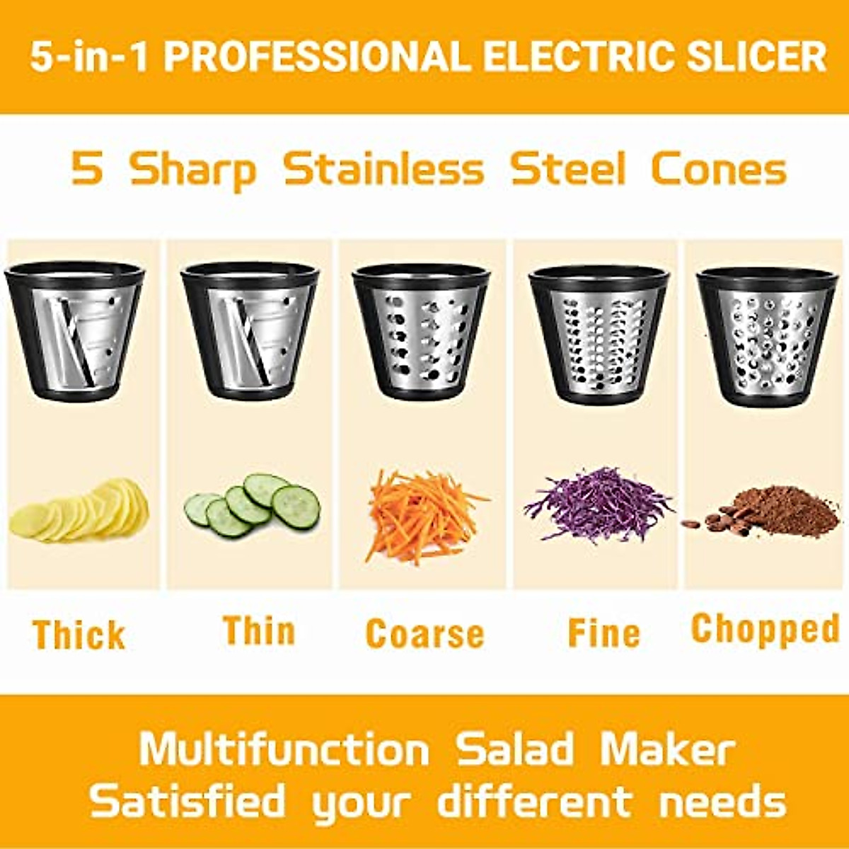 Electric Cheese Grater 250W Salad Maker 5-in-1 Professional Electric Slicer/Shredder One-Touch Control Powerful Electric Grater for Fruits and Vegetables, Cheese