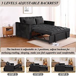 Keainvren Sleeper Sofa Velvet Pull Out Sofa Bed Convertible Sofa Couch Adjustable Backrest Loveseat Sofa Couch Side Pocket for Living Room, Office,Small Space-Black