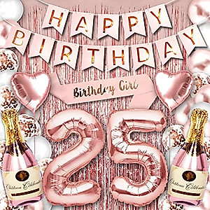 25th Birthday Party Decorations for Her Rose Gold Supplies Big Set with Birthday Banner and 25 BDay Digit Balloons for Women Including Latex and Confetti Balloons