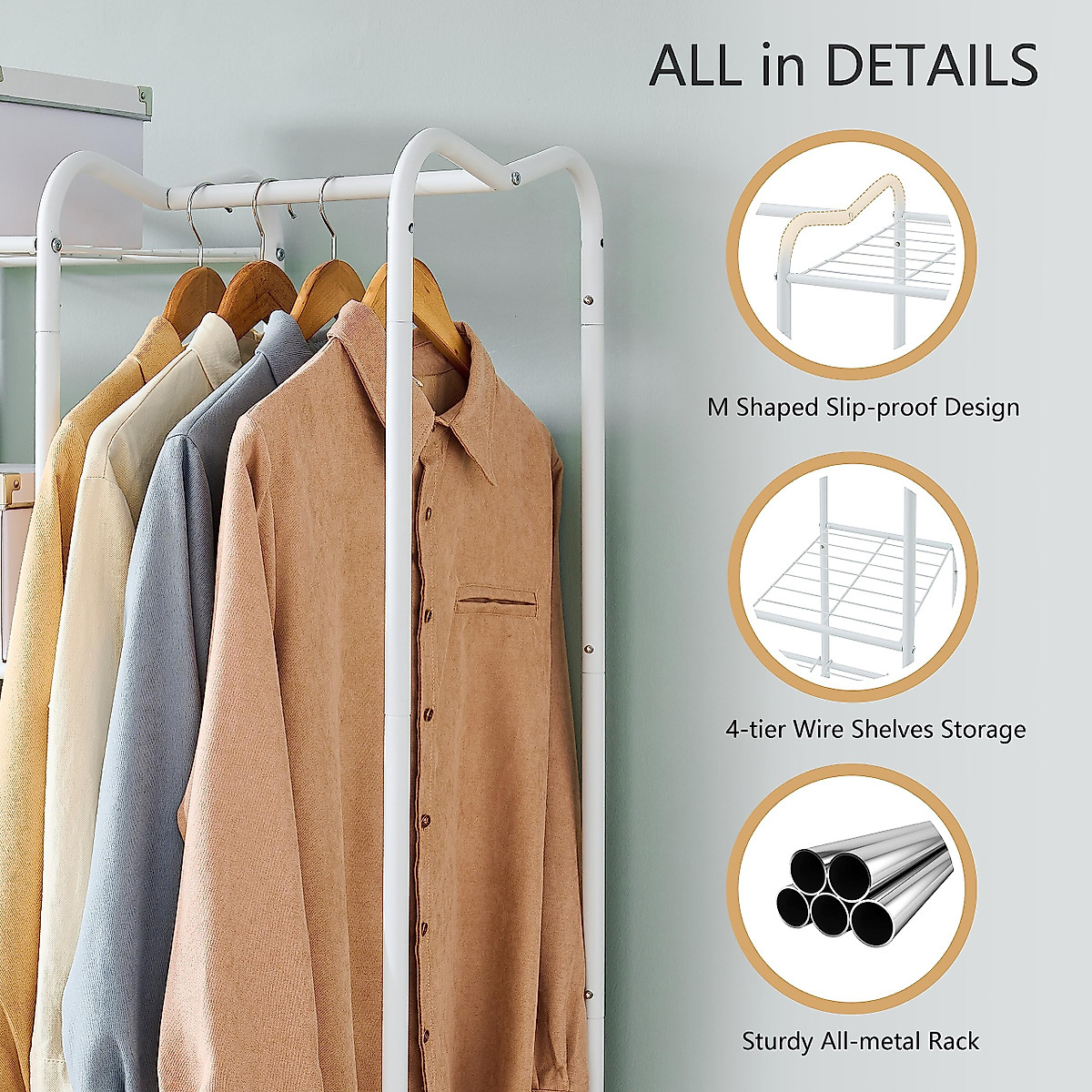 Gewudraw Wardrobe Closet with 4 Metal Shelves, Freestanding Garment Rack, Heavy Duty Clothing Rack For Hanging Clothes, Portable Clothes Rack, Closet Organizer White