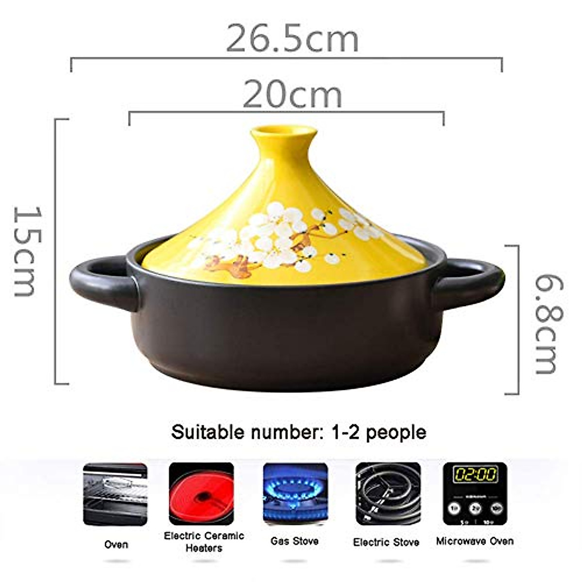 Tagine Pot with Handle, 20cm, Ceramic Pot, Casserole lid, Claypot Rice, High Temperature Resistance, Hand-Made Hand-Painted Taji Pot Slow Cooker Clay/Yellow