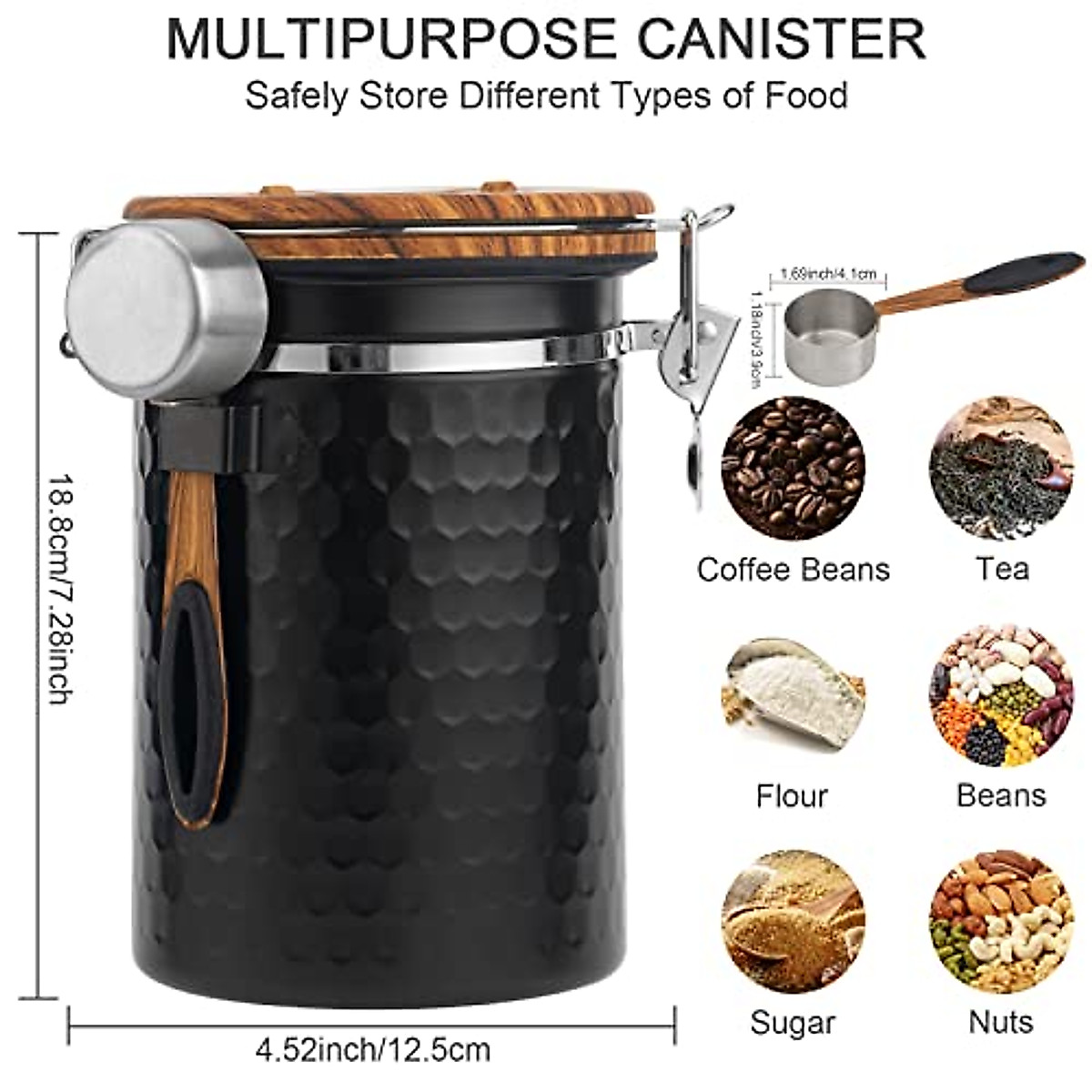 TEDSWAIT Coffee Canisters Airtight Coffee Bean Storage Container Kitchen Stainless Steel Food Storage Container with Scoop Date Tracker & CO2 Valve 61Fl Oz (Diamond Black)