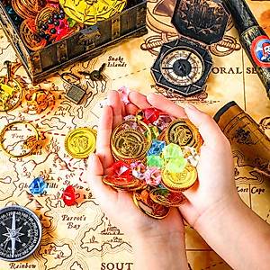 116 Pieces Pirate Treasure Toys, Pirate Treasure Box with Coins Jewels Gems and Pirate Map Compass Telescope for Boy Girl Halloween Cosplay Props Pirate Theme Party Decoration Favor (Cute Style)