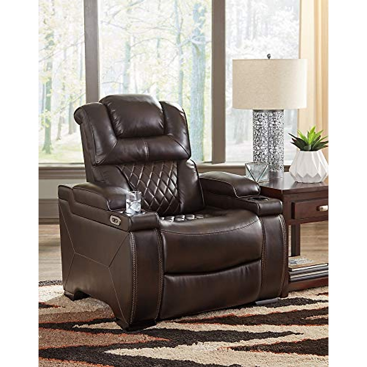 Signature Design by Ashley Warnerton Faux Leather Power Recliner with Adjustable Headrest, Brown