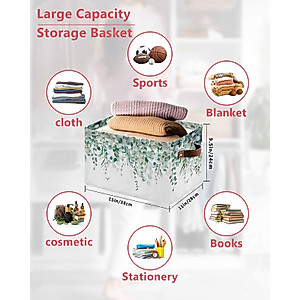 Eucalyptus Storage Basket Sage Green Large Foldable Storage Bins with Handles Watercolor Leaves Waterproof Fabric Laundry Baskets for Organizing Shelves Closet Toy Gifts Bedroom Home Decor
