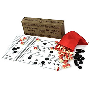 Russian Loto Family Game - Bingo Game for Adults - Tombola Games - Russian Lotto Game with Wooden Barrels, Bingo Cards and Chips - Board Games