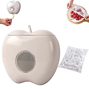 Plastic Wrap Storage Box, Fresh Keeping Bag Storage Box with 100 Pcs Cling Films, Punch-Free Wall-Mounted Large Capacity for Apple Shape Kitchen Bathroom Shower Cap Organizer Dispenser (Grey+100Pcs)