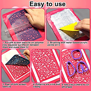 Juome Valentine's Day Silk Screen Stencils for Polymer Clay, 3Pcs Reusable Silk Screens Printing Kit for Polymer Clay Cutters, Polymer Clay Tools for Earring Jewelry Making