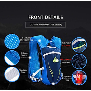 AONIJIE Lightweight Unisex 5.5L Running Race Hydration Vest Hydration Pack Backpack Riding Bag (Blue+2pcs 250ml Bottle)