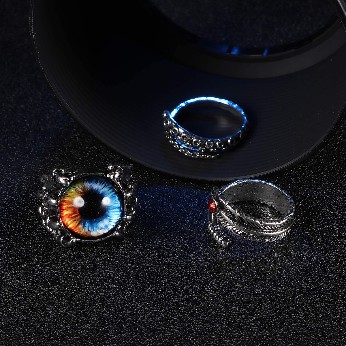 FIBO STEEL 16 Pieces Vintage Punk Rings Gothic Rock Knuckle Joint Full Finger Rings Set Dragon Snake Claw Skull Octopus Eyes of Hell Open Adjustable Rings Halloween Vampire Cosplay Party Accessory