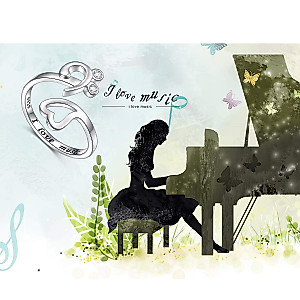 I Love Music Ring 925 Sterling Silver Cubic Zirconia Musical Note Heart Charm Adjustable Open Ring Gift for Women Music Lover, 9