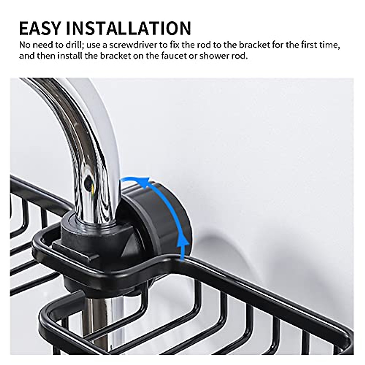 Faucet Sponge Double Holder, Sink Caddy Stainless Steel Faucet Drainage Shelf for Kitchen Sink, Shower Caddy Hanging Bath Shelf Organizer Basket, With Hook Drain Shelf (Black)