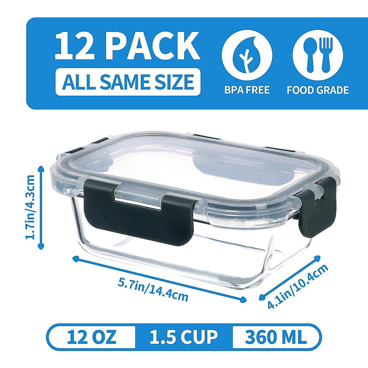 12 Pack -12 Ounce Glass Food Storage Containers with Lids Airtight, Small Meal Prep Containers Set, Microwave, Dishwasher Safe, Leak-Proof, BPA-Free, Clear/Pink