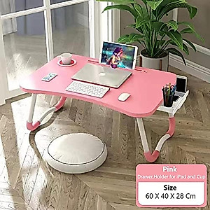 Laptop Bed Table, Foldable Laptop Desk Bed Tray with Storage Drawer, Lap Desk TV Tray for Breakfast Serving, Notebook Stand Reading Holder with Phone Slot and Cup Holder for Sofa Couch Floor-Pink