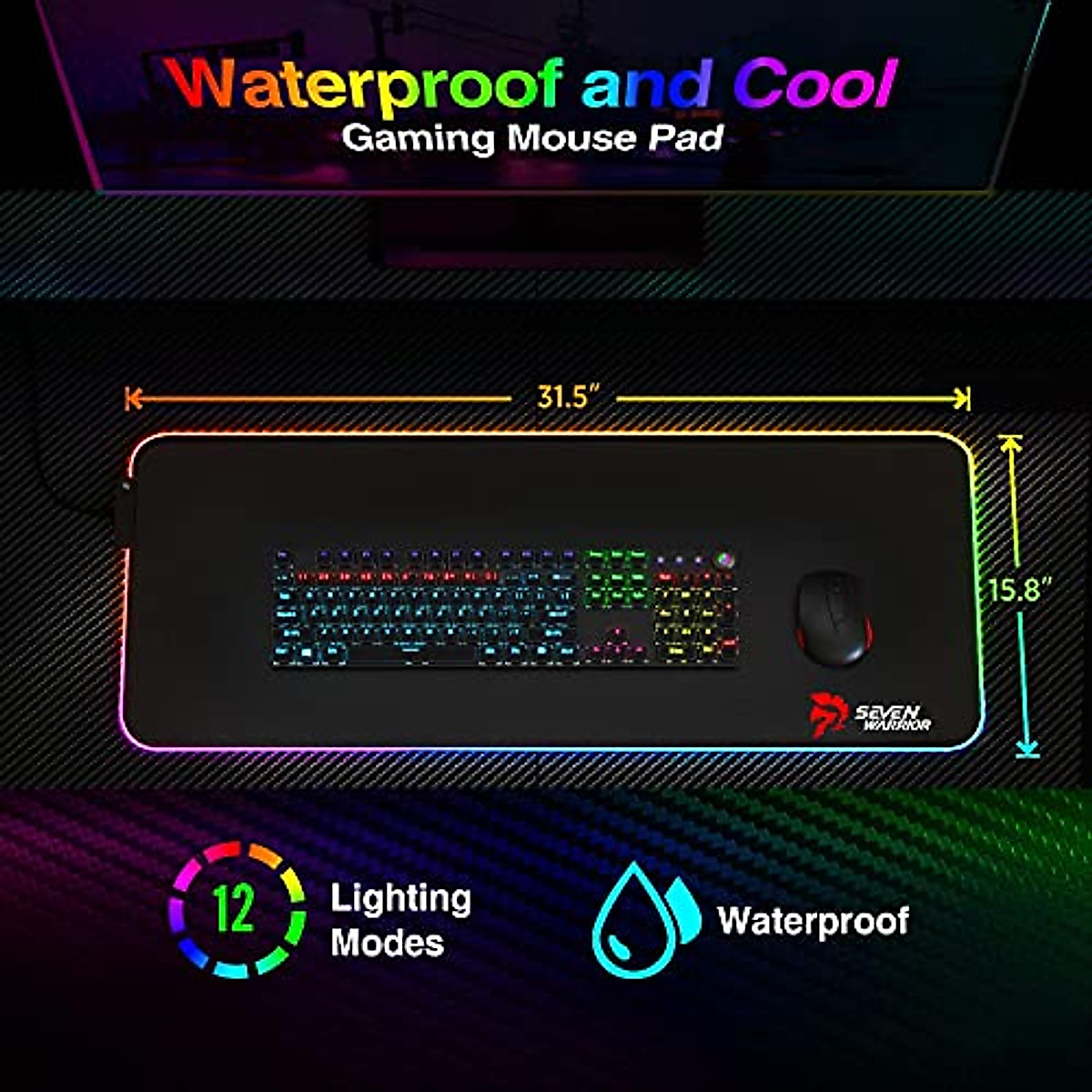 SEVEN WARRIOR Gaming Desk 60INCH with RGB Mouse Pad & Power Outlet, Carbon Fiber Surface Gamer Desk with Monitor Stand, Ergonomic Y Shaped Gamer Table with Cup Holder, Headphone Hook, Outlet Organizer