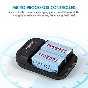 Tenergy 9V Battery Rechargeable 250mAh 4 Pack NiMH Square Battery with 2 Bay 9V Battery Charger for Smoke Alarm/Detector