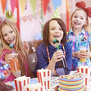 TMGIDRI 24 Construction Party Favors Straws, Construction Birthday Party Supplies, Excavator Bulldozer Blender Truck for Construction Theme Birthday Party Supplies with 2 Cleaning Brushes