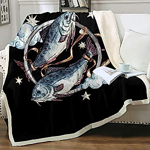 Sleepwish Zodiac Sign Throw Blanket Vintage Pisces Fish on Black Soft Warm Sherpa Blankets Bed Throws Watercolor Fleece Plush Fuzzy Blanket King(108"x90")