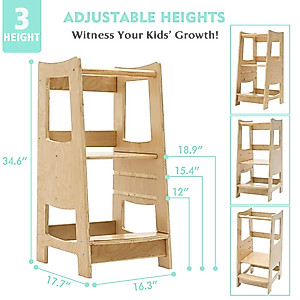 EGREE Toddlers Kitchen Step Stool with Safety Rail Kids Wooden Standing Tower for Kitchen Counter and Bathroom Sink, 3 Heights Adjustable Step Up Stool Mothers' Helper, Solid Wood Construction, White