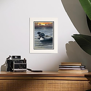 Lantern Press 11x14 Inch Matted Art Print Wall Decor, Loons and Lake at Sunset