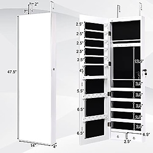 COSTWAY Mirror Jewelry Armoire, Wall Door Mounted Jewelry Organizer w/Full-length Mirror and 2 LED Lights, Lockable Large Capacity Jewelry Cabinet for Earrings, Necklaces, Bracelets (White)
