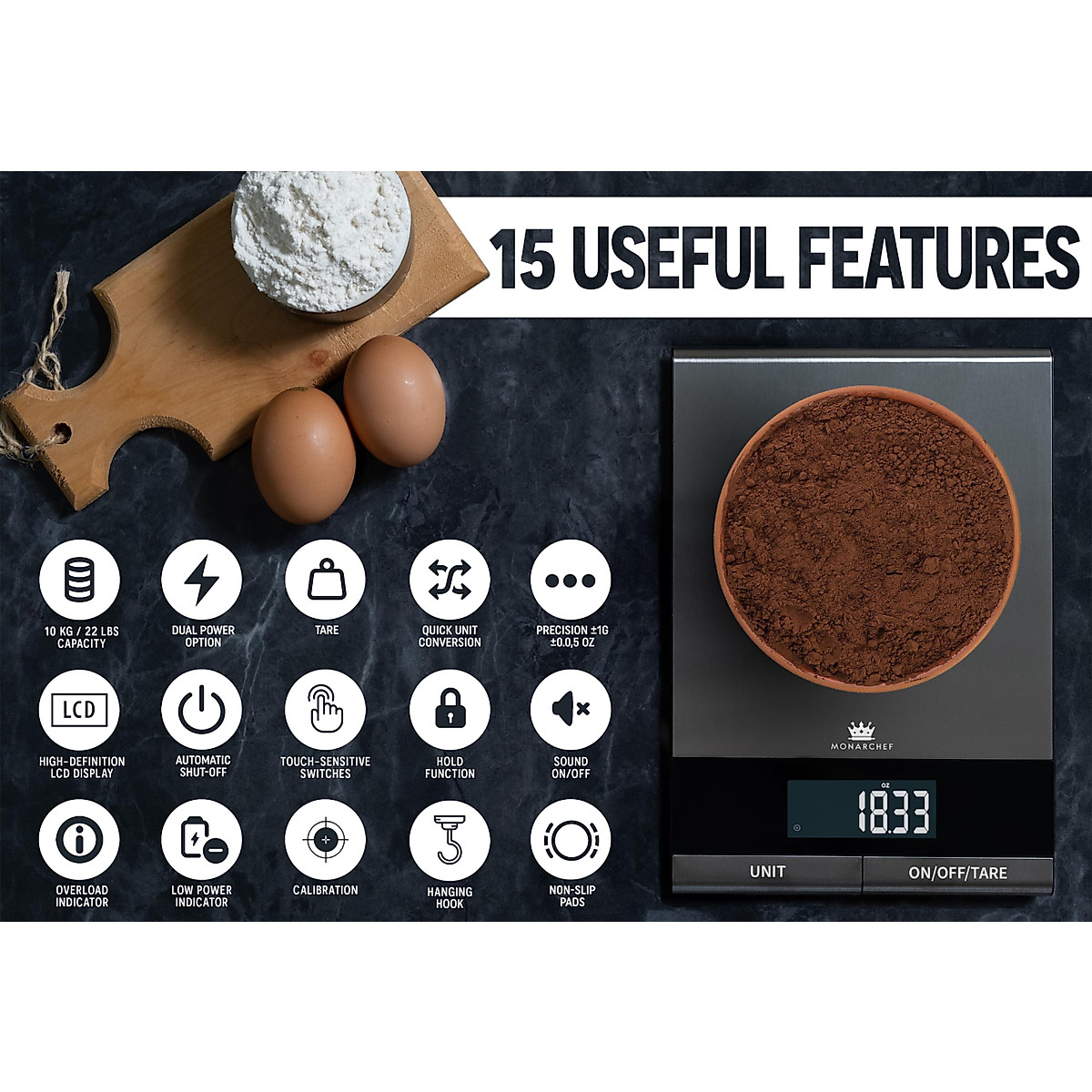 Monarchef Digital Food Scale for Kitchen, Baking, Cooking, and Meal Prep, 10 Unit Measurements, 22 lb Weight Capacity, Stainless Steel Top, Dual Power Option, 15 Features