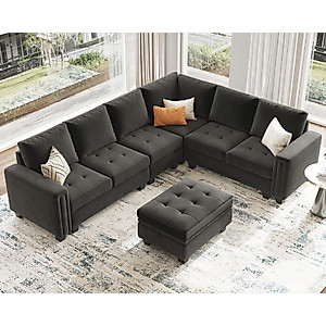 Belffin Velvet L Shaped Sofa Couch with Reversible Chaise Convertible Modular Sectional Sofa Set with Storage Ottoman Corner Sofa Set for Living Room Grey