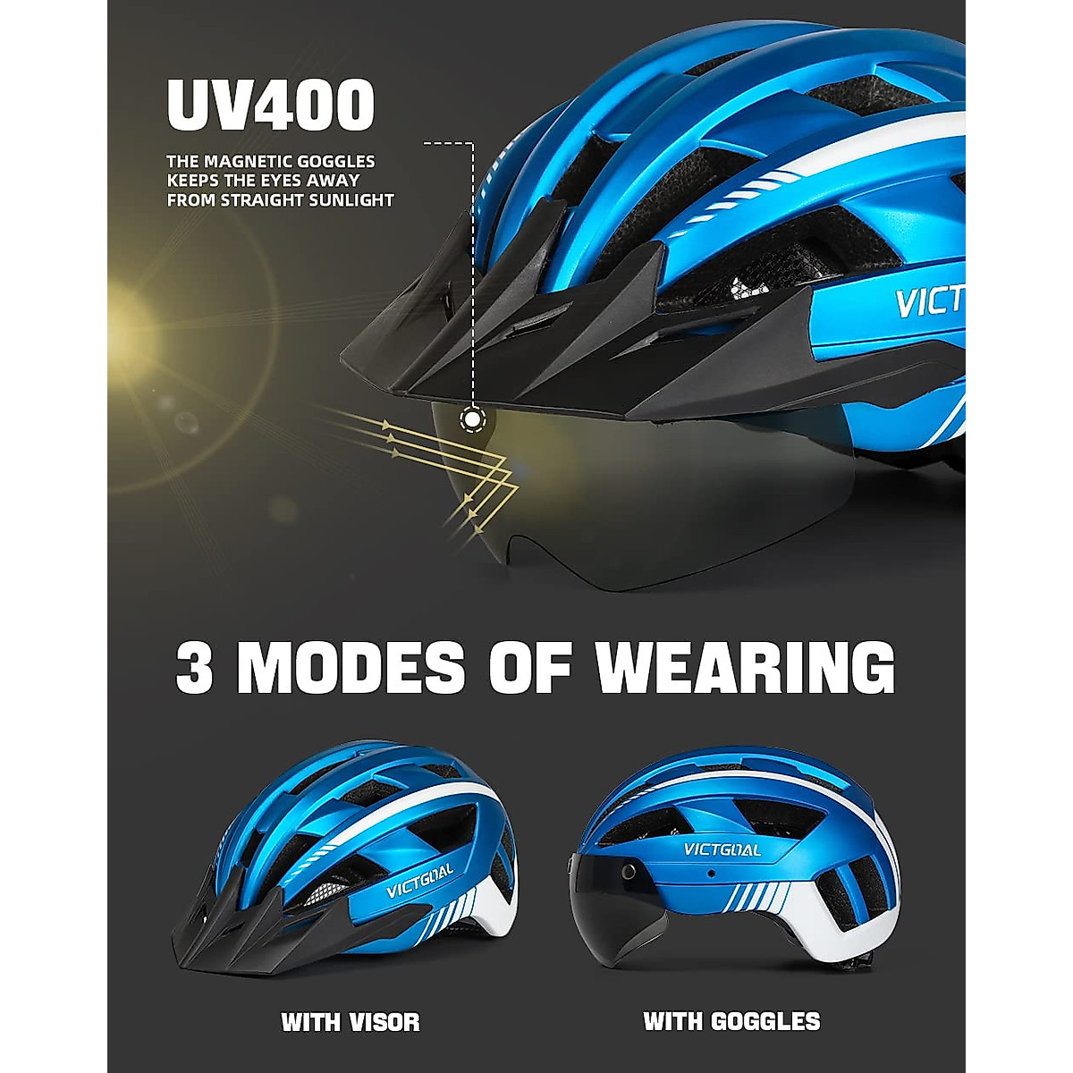VICTGOAL Bike Helmet for Men Women with Led Light Detachable Magnetic Goggles Removable Sun Visor Mountain & Road Bicycle Helmets Adjustable Size Adult Cycling Helmets (L: 57-61 cm, Metal Blue)