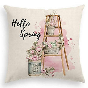 INSHERE Throw Pillow Covers Spring Decorations 18x18 Inch Set of 4，Fresh Flower Truck Garden Oil Painting Style Linen Pillowcase，Decoration for Sofa, Bedroom, Car (Spring 1)