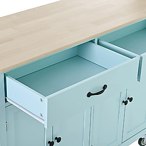 GLANZEND Kitchen Island Cart on Locking Wheels with 4 Cabinet and 2 Drawers, Rolling Coffee Bar Trolley w/Solid Wood Tabletop, Adjustable Shelves, Spice & Towel Side Rack,Mint Green, 54.3 Inch