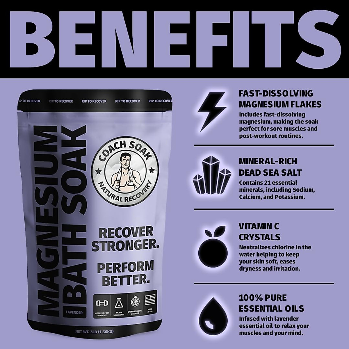 Coach Soak Recovery Bath Soak - Faster Absorption Than Epsom Salt for Pain - Rejuvenating Magnesium Flakes with 21 Minerals, Essential Oils & Bath Salts, 3lbs (Calming Lavender)